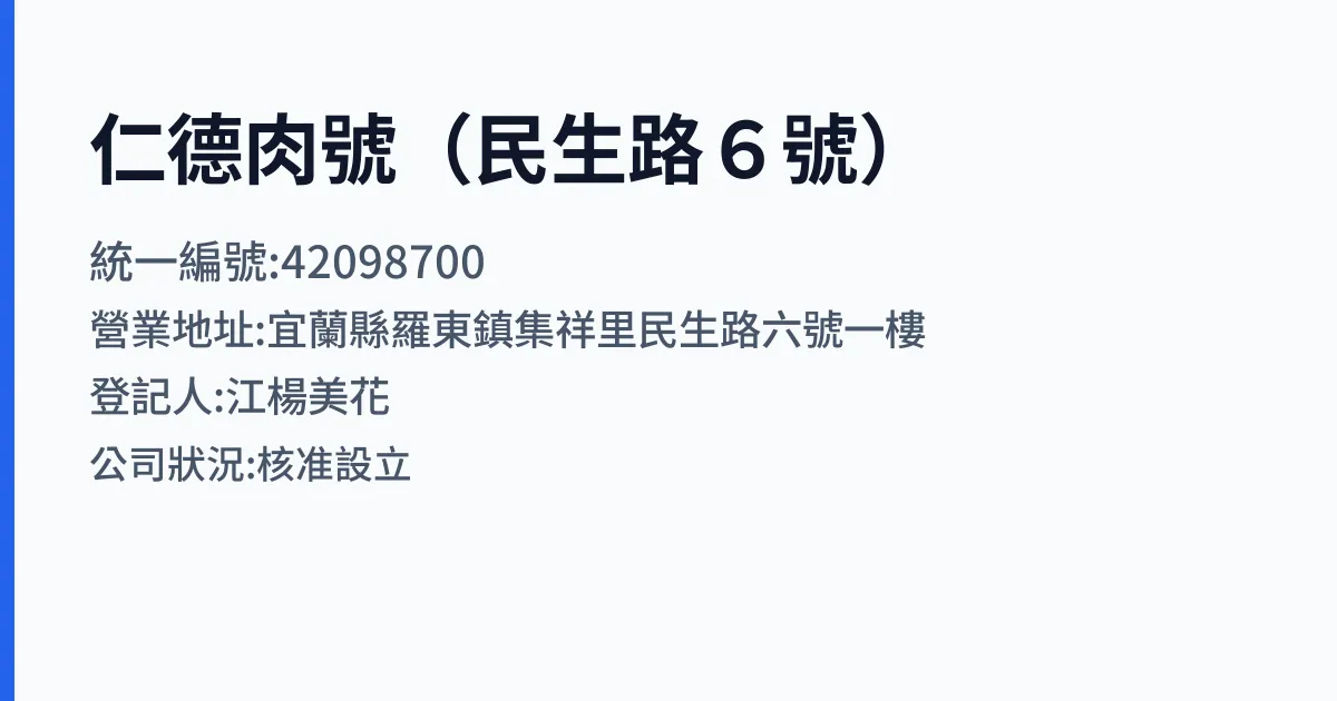 仁德肉號（民生路６號） - 統編 42098700(宜蘭縣) 公司登記資料與營業項目詳細圖表