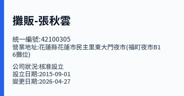 攤販-張秋雲的照片-統編 42100305(花蓮縣) 公司登記資料與營業項目詳細圖表