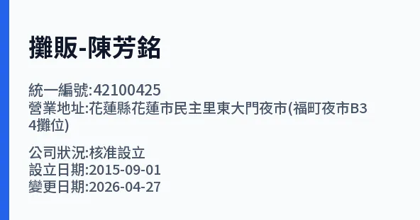 攤販-陳芳銘的照片-統編 42100425(花蓮縣) 公司登記資料與營業項目詳細圖表