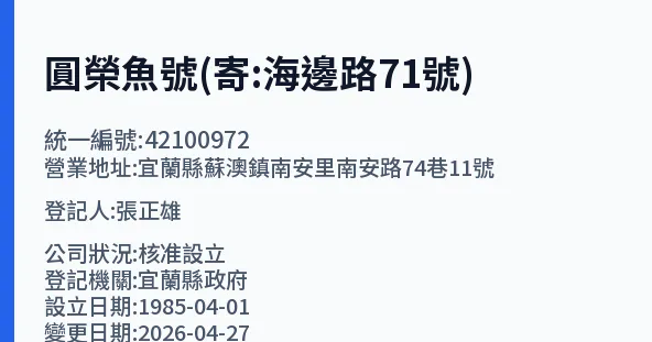 圓榮魚號(寄:海邊路71號)的照片-統編 42100972(宜蘭縣) 公司登記資料與營業項目詳細圖表