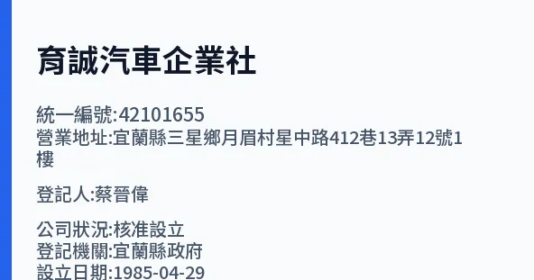 育誠汽車企業社的照片-統編 42101655(宜蘭縣) 公司登記資料與營業項目詳細圖表