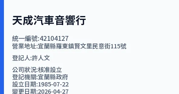 天成汽車音響行的照片-統編 42104127(宜蘭縣) 公司登記資料與營業項目詳細圖表