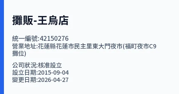 攤販-王烏店的照片-統編 42150276(花蓮縣) 公司登記資料與營業項目詳細圖表