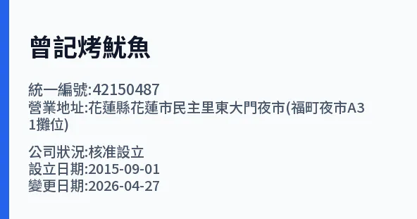 曾記烤魷魚的照片-統編 42150487(花蓮縣) 公司登記資料與營業項目詳細圖表