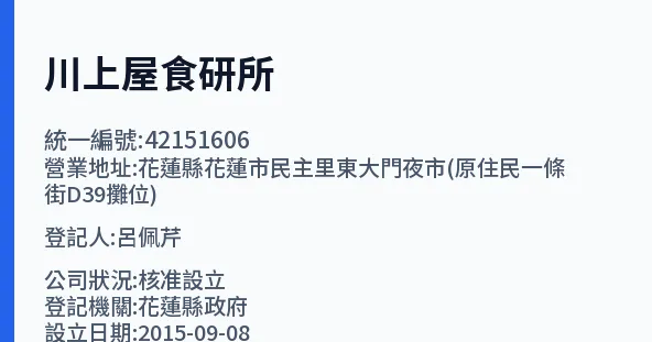 川上屋食研所的照片-統編 42151606(花蓮縣) 公司登記資料與營業項目詳細圖表