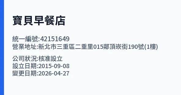 寶貝早餐店的照片-統編 42151649(新北市) 公司登記資料與營業項目詳細圖表