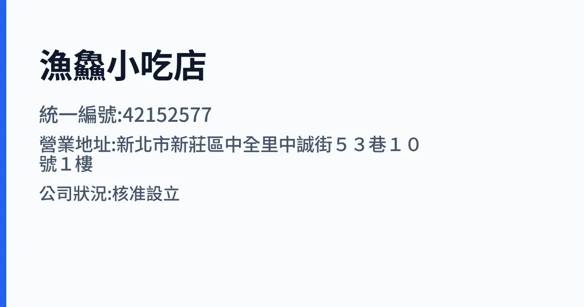 漁鱻小吃店 - 統編 42152577(新北市) 公司登記資料與營業項目詳細圖表