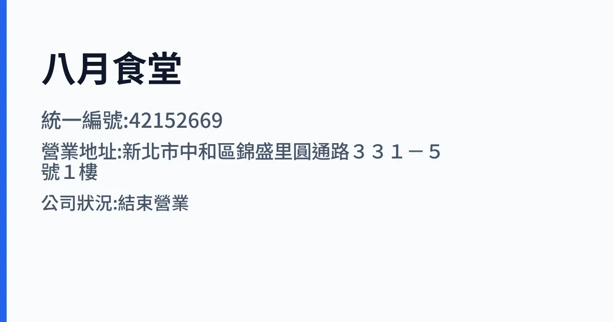 八月食堂 - 統編 42152669(新北市) 公司登記資料與營業項目詳細圖表
