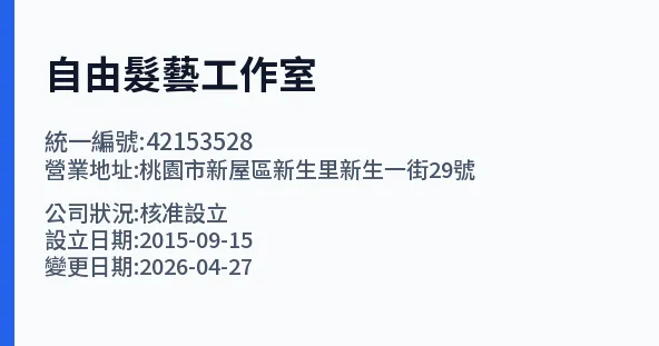 自由髮藝工作室的照片-統編 42153528(桃園市) 公司登記資料與營業項目詳細圖表