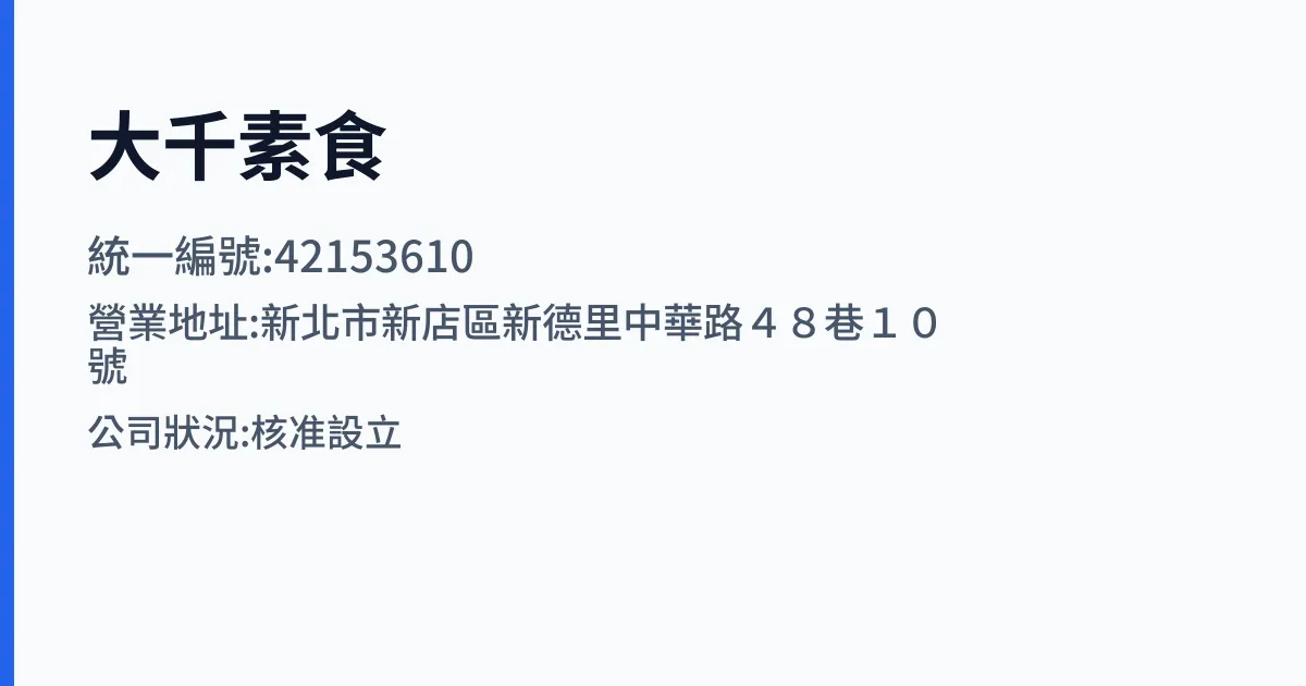 大千素食 - 統編 42153610(新北市) 公司登記資料與營業項目詳細圖表