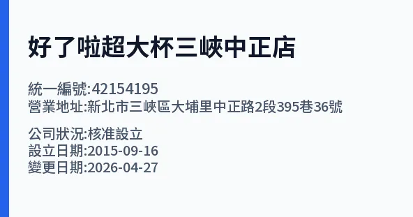 好了啦超大杯三峽中正店的照片-統編 42154195(新北市) 公司登記資料與營業項目詳細圖表