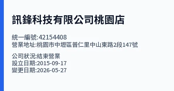 訊鋒科技有限公司桃園店的照片-統編 42154408(桃園市) 公司登記資料與營業項目詳細圖表