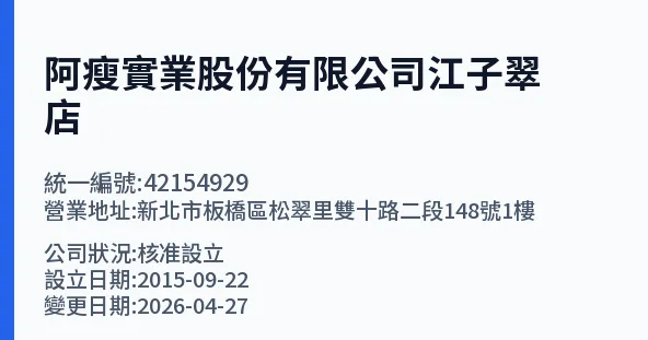 阿瘦實業股份有限公司江子翠店的照片-統編 42154929(新北市) 公司登記資料與營業項目詳細圖表