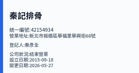 秦記排骨的照片-統編 42154934(新北市) 公司登記資料與營業項目詳細圖表