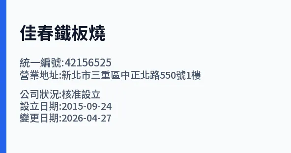佳春鐵板燒的照片-統編 42156525(新北市) 公司登記資料與營業項目詳細圖表