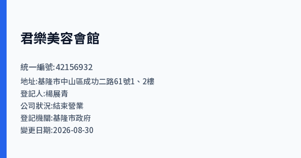 君樂美容會館的照片-統編 42156932(基隆市) 公司登記資料與營業項目詳細圖表