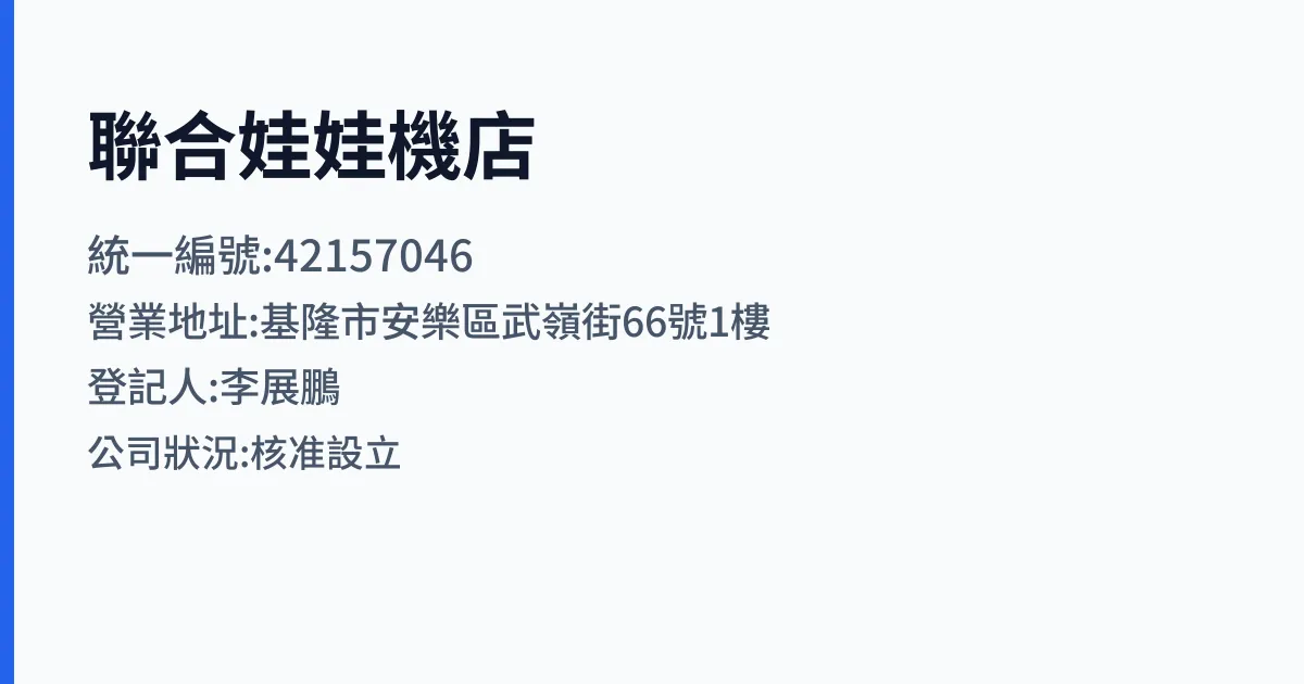 聯合娃娃機店 - 統編 42157046(基隆市) 公司登記資料與營業項目詳細圖表
