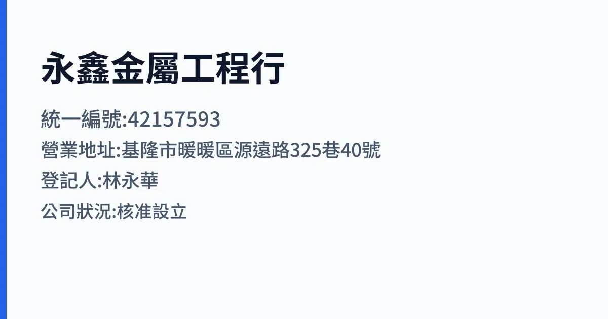 永鑫金屬工程行 - 統編 42157593(基隆市) 公司登記資料與營業項目詳細圖表