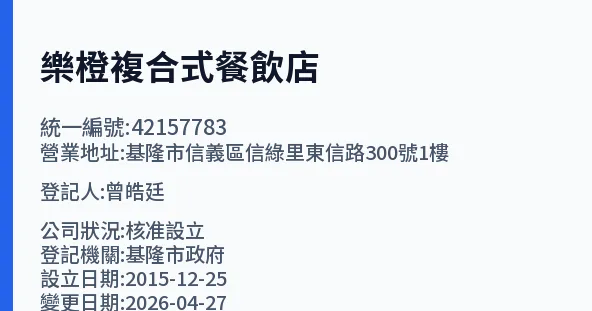 樂橙複合式餐飲店的照片-統編 42157783(基隆市) 公司登記資料與營業項目詳細圖表