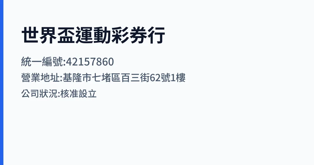 世界盃運動彩券行 - 統編 42157860(基隆市) 公司登記資料與營業項目詳細圖表