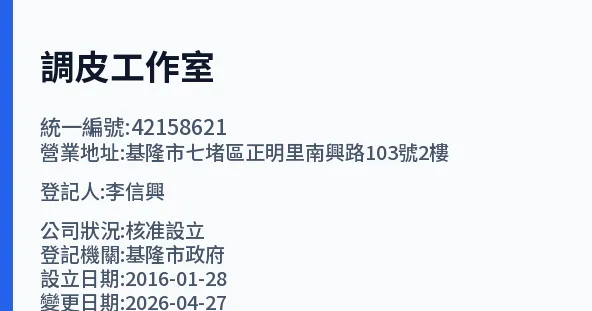 調皮工作室的照片-統編 42158621(基隆市) 公司登記資料與營業項目詳細圖表