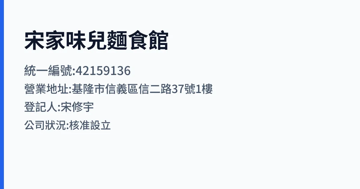 宋家味兒麵食館 - 統編 42159136(基隆市) 公司登記資料與營業項目詳細圖表
