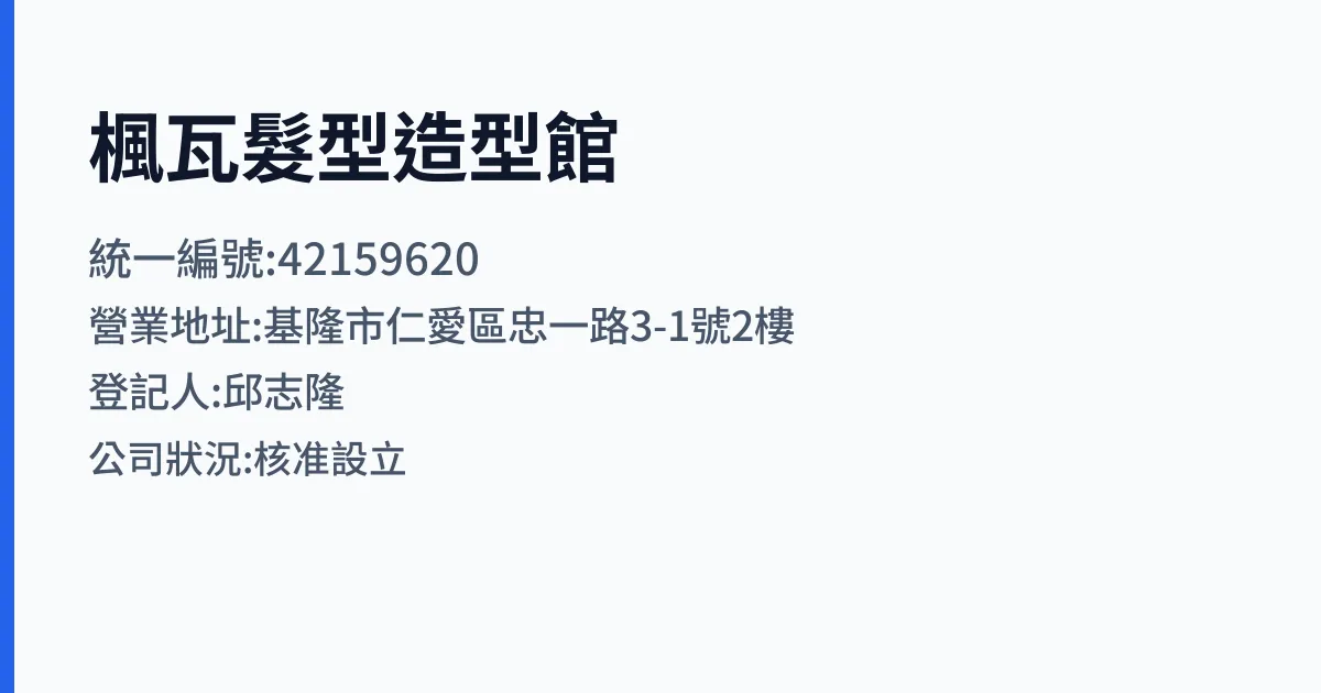 楓瓦髮型造型館 - 統編 42159620(基隆市) 公司登記資料與營業項目詳細圖表