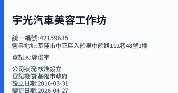 宇光汽車美容工作坊的照片-統編 42159635(基隆市) 公司登記資料與營業項目詳細圖表