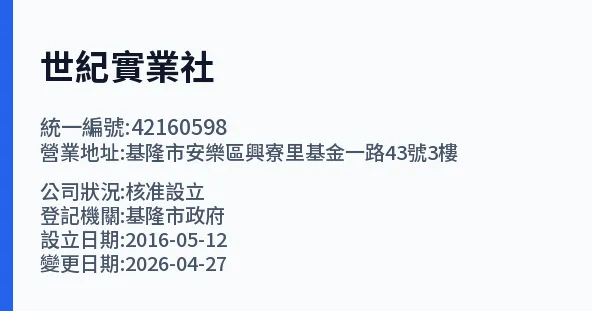 世紀實業社的照片-統編 42160598(基隆市) 公司登記資料與營業項目詳細圖表