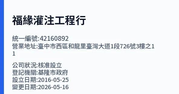 福緣灌注工程行的照片-統編 42160892(臺中市) 公司登記資料與營業項目詳細圖表