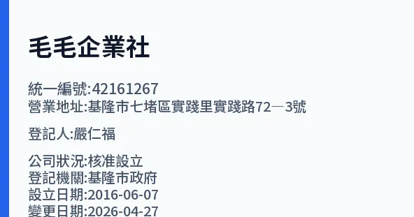 毛毛企業社的照片-統編 42161267(基隆市) 公司登記資料與營業項目詳細圖表