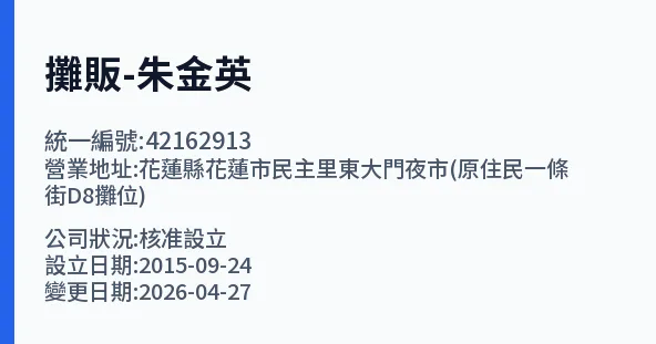 攤販-朱金英的照片-統編 42162913(花蓮縣) 公司登記資料與營業項目詳細圖表