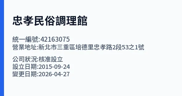 忠孝民俗調理館的照片-統編 42163075(新北市) 公司登記資料與營業項目詳細圖表