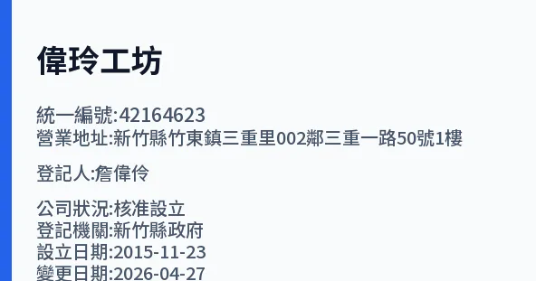 偉玲工坊的照片-統編 42164623(新竹縣) 公司登記資料與營業項目詳細圖表