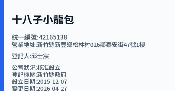 十八子小龍包的照片-統編 42165138(新竹縣) 公司登記資料與營業項目詳細圖表