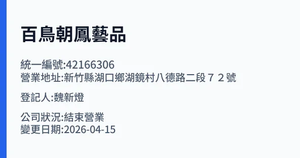 百鳥朝鳳藝品的照片-統編 42166306(新竹縣) 公司登記資料與營業項目詳細圖表