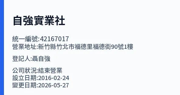 自強實業社的照片-統編 42167017(新竹縣) 公司登記資料與營業項目詳細圖表