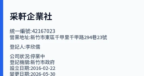 采軒企業社的照片-統編 42167023(新竹市) 公司登記資料與營業項目詳細圖表