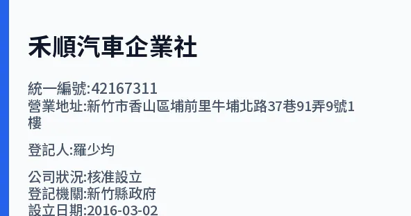 禾順汽車企業社的照片-統編 42167311(新竹市) 公司登記資料與營業項目詳細圖表