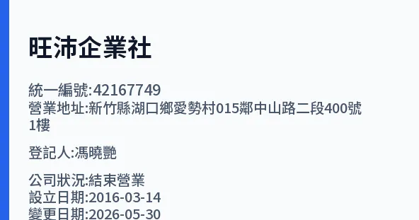 旺沛企業社的照片-統編 42167749(新竹縣) 公司登記資料與營業項目詳細圖表