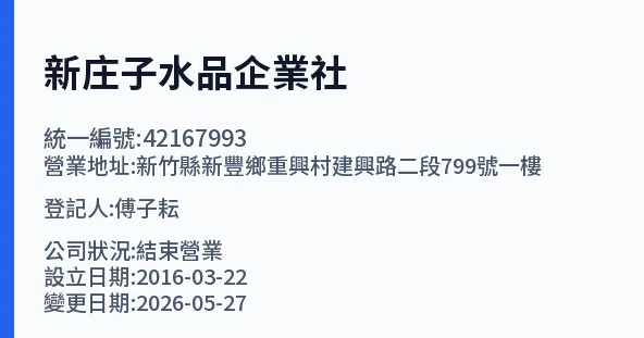 新庄子水品企業社的照片-統編 42167993(新竹縣) 公司登記資料與營業項目詳細圖表