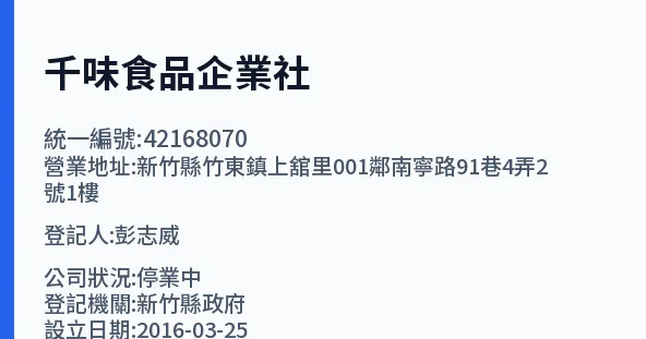 千味食品企業社的照片-統編 42168070(新竹縣) 公司登記資料與營業項目詳細圖表
