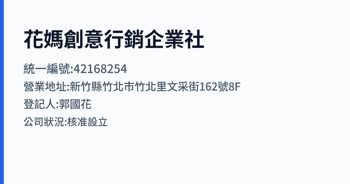 花媽創意行銷企業社 - 統編 42168254(新竹縣) 公司登記資料與營業項目詳細圖表