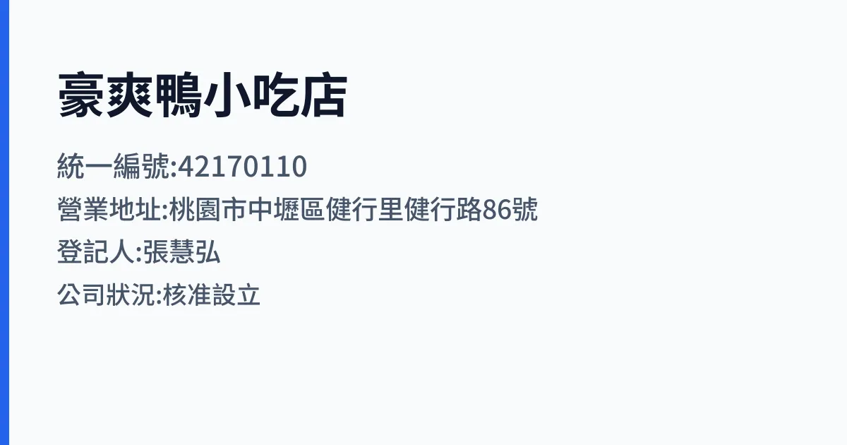 豪爽鴨小吃店 - 統編 42170110(桃園市) 公司登記資料與營業項目詳細圖表