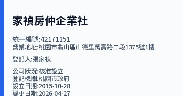 家禎房仲企業社的照片-統編 42171151(桃園市) 公司登記資料與營業項目詳細圖表