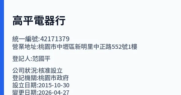 高平電器行的照片-統編 42171379(桃園市) 公司登記資料與營業項目詳細圖表