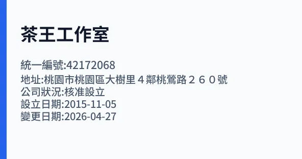 茶王工作室的照片-統編 42172068(桃園市) 公司登記資料與營業項目詳細圖表