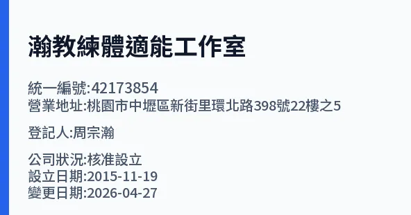 瀚教練體適能工作室的照片-統編 42173854(桃園市) 公司登記資料與營業項目詳細圖表