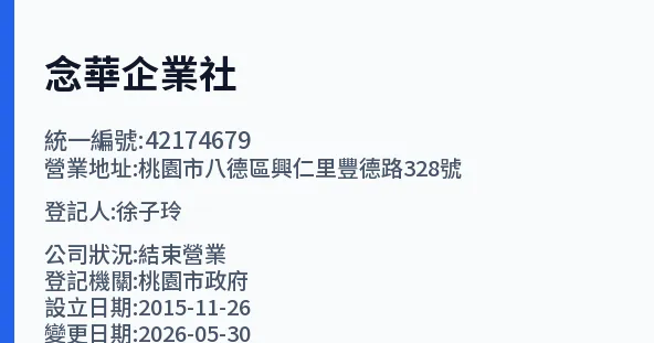 念華企業社的照片-統編 42174679(桃園市) 公司登記資料與營業項目詳細圖表