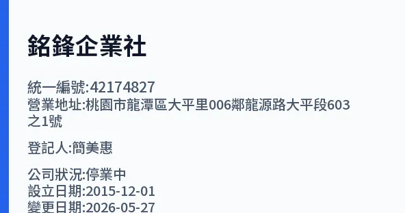 銘鋒企業社的照片-統編 42174827(桃園市) 公司登記資料與營業項目詳細圖表